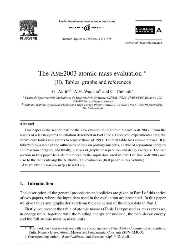 Atomic Mass Evaluation - Tables, Graphs and References | PDF | Nuclear ...