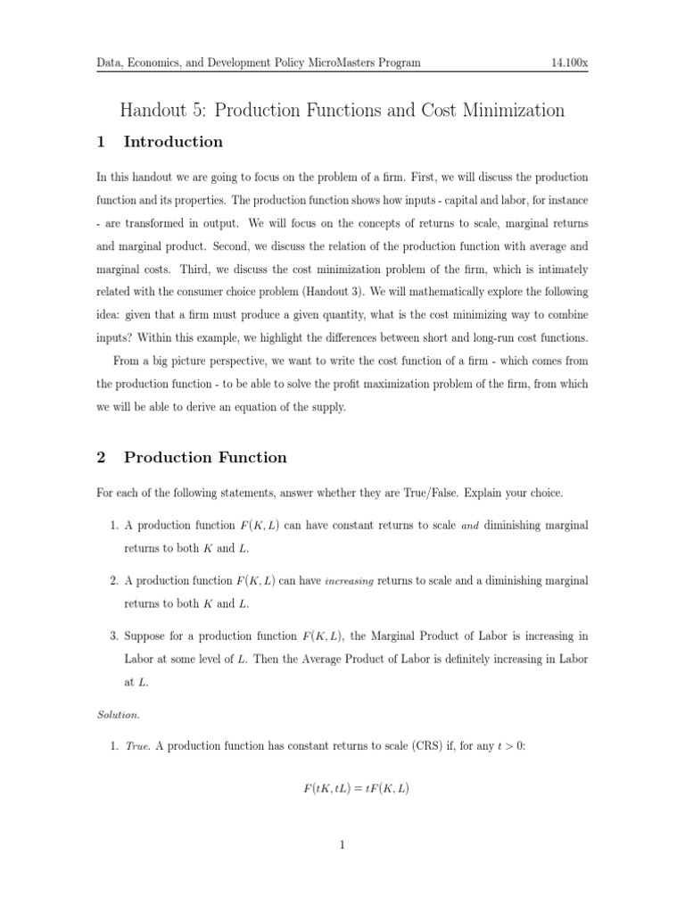 Handout 5: Production Functions and Cost Minimization | PDF ...