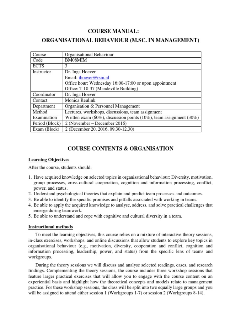 Organizational Behavior Course Manual 2016 Final | PDF | Test ...