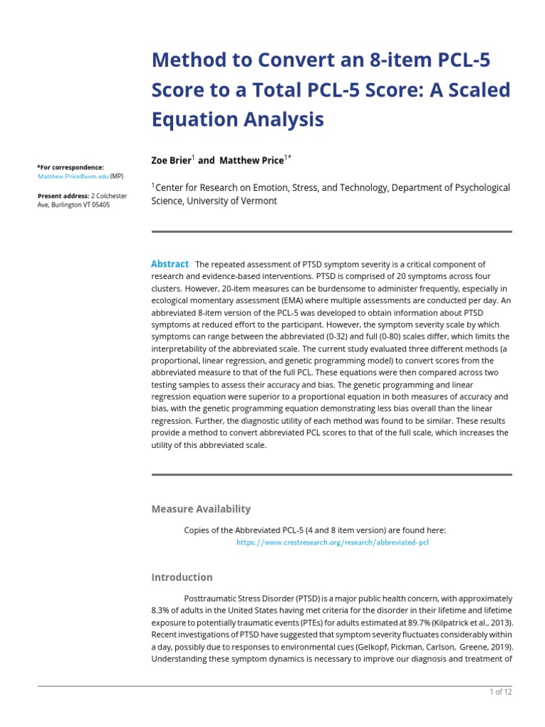 Method To Convert An 8-Item PCL-5 Score To A Total PCL-5 Score: A ...
