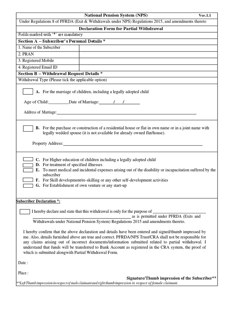 Self Declaration Format Partial Withdrawal | PDF