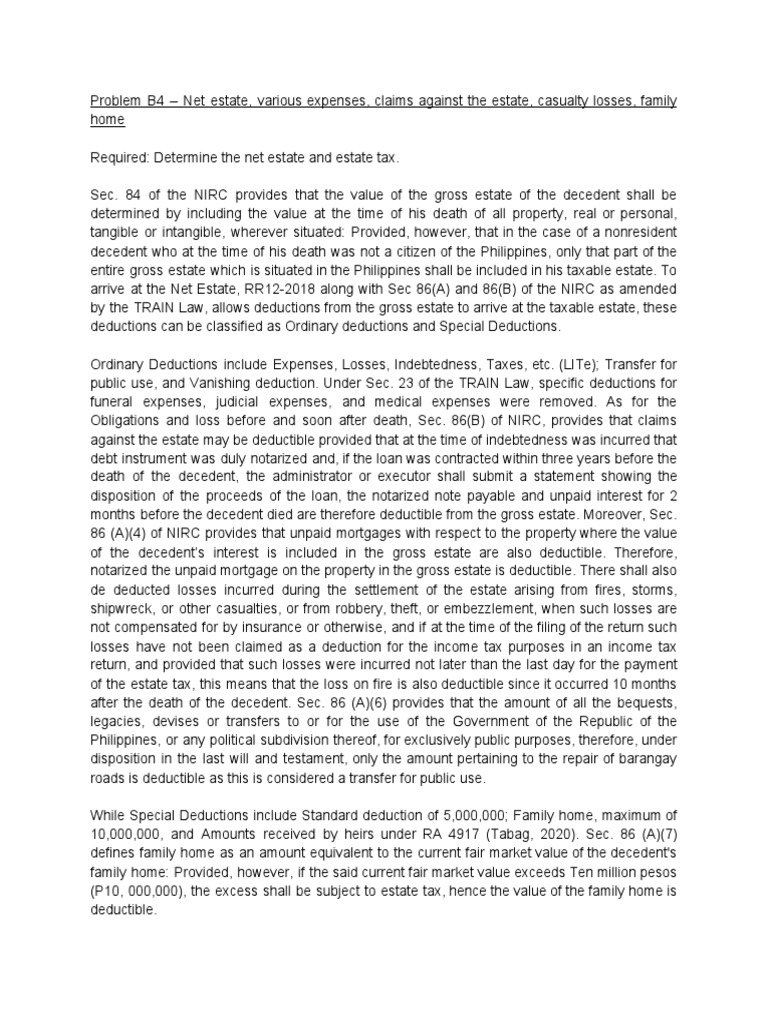 Problem B4 - Net Estate, Various Expenses, Claims Against The Estate ...