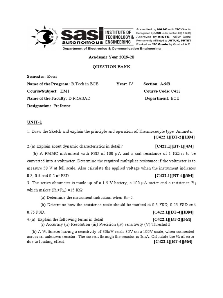 Emi Question Bank | PDF | Electrical Engineering | Electricity