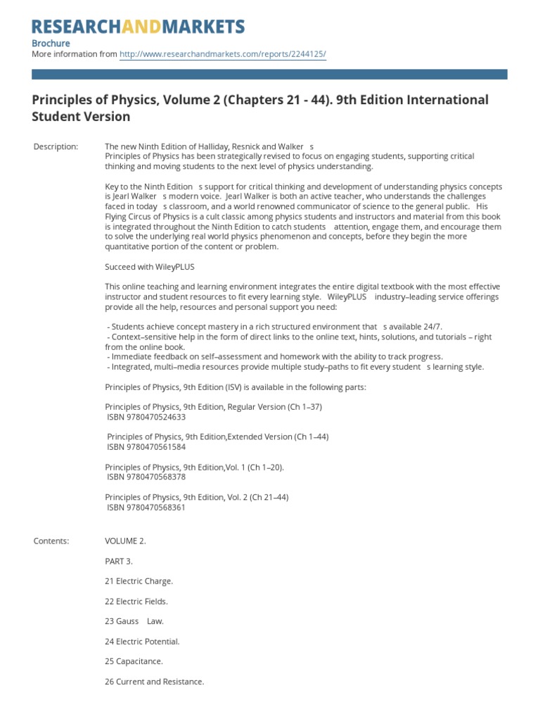 Principles of Physics, Volume 2 (Chapters 21 - 44) - 9th Edition ...