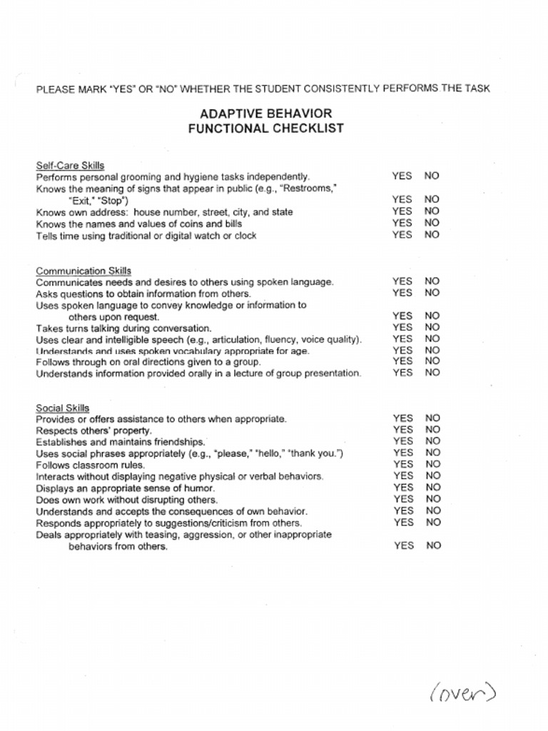 Adaptive Behavior Functional Checklist | PDF