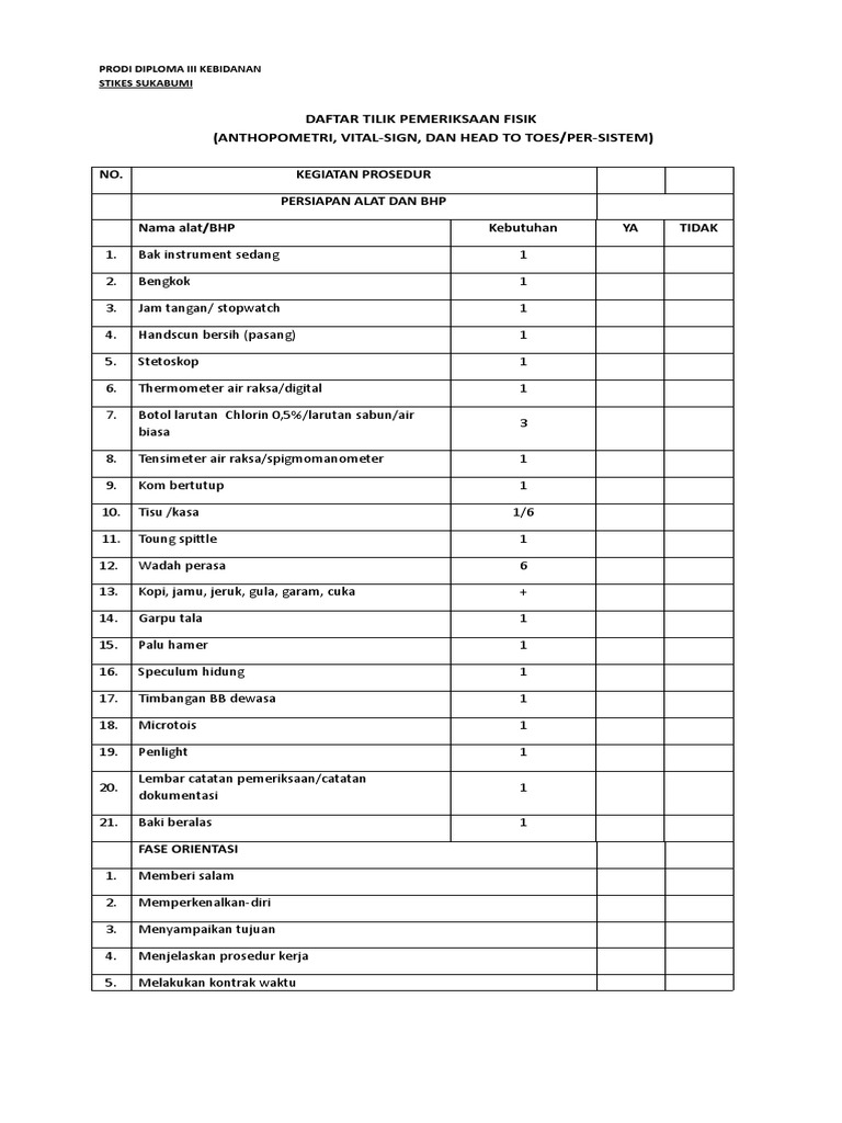 Daftar Tilik Pemeriksaan Fisik | PDF | Kesehatan Holistik | Sains & Matematika