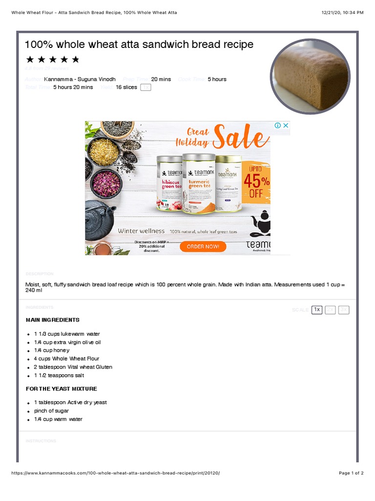 Whole Wheat Flour - Atta Sandwich Bread Recipe, 100% Whole Wheat Atta ...