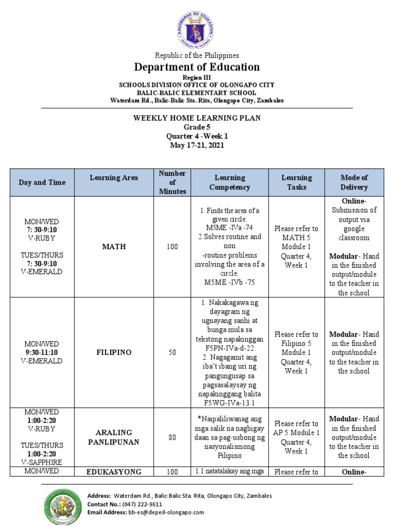 Grade 5 WHLP Quarter 4 Week 1 May 17-21-2021 | PDF | Philippines