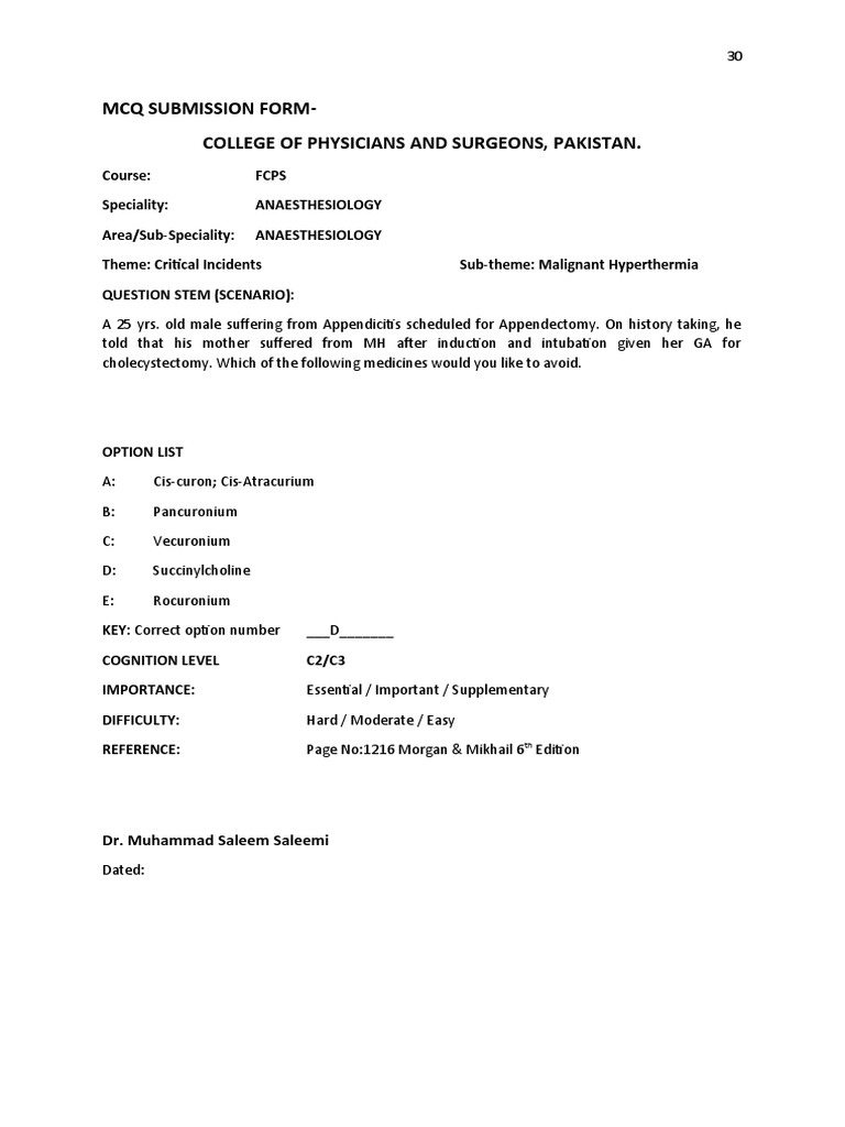 MCQ Submission Form-College of Physicians and Surgeons, Pakistan | PDF
