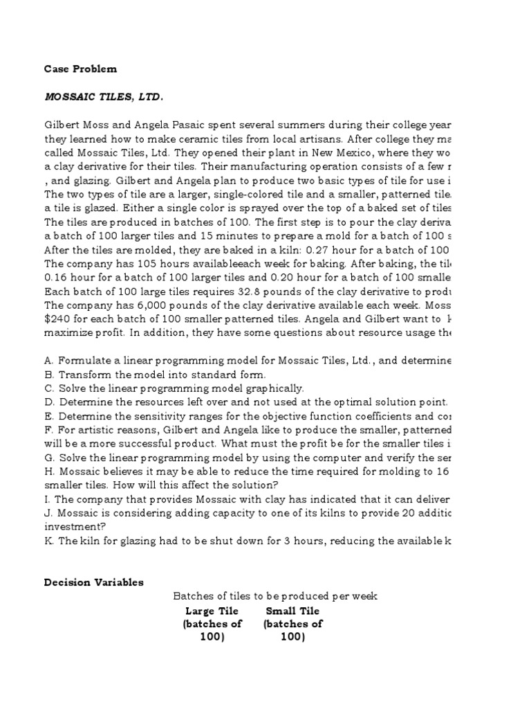 Mossaic Tiles, LTD.: Case Problem | PDF | Tile | Linear Programming