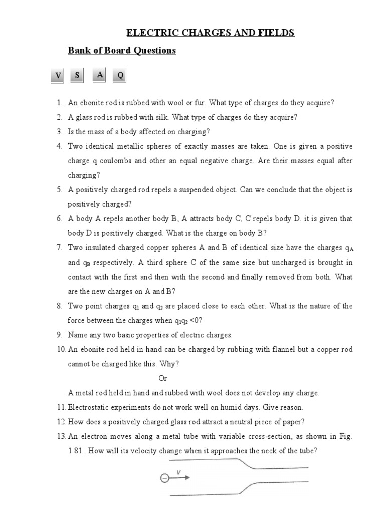 ELECTRIC CHARGES AND FIELDS Bank of Board Questions | PDF | Electric ...