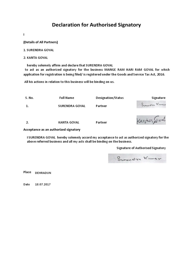 Declaration For Authorised Signatory: (Details of All Partners) | PDF