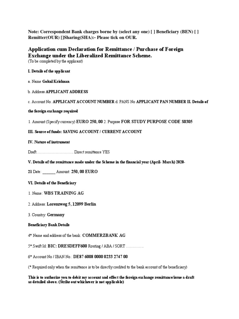 A2 Form Sample - Gokul KRISHNAN | PDF | Foreign Exchange Market | Banking