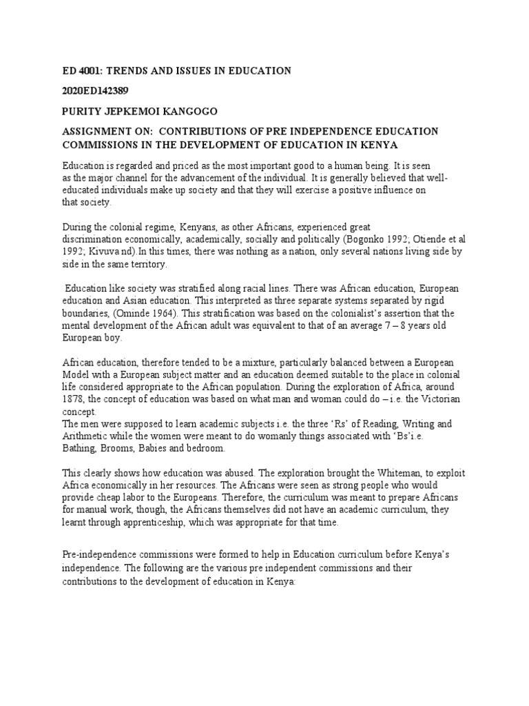Pre-Independence Education Commissions in Kenya | PDF | Teachers ...