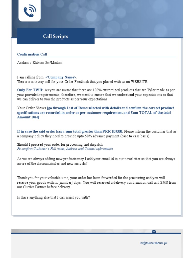Call Scripts: Re Confirm Customer's Full Name, Address and Contact ...