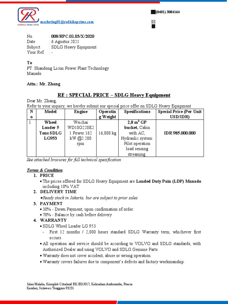SDLG Heavy Equipment Quotation Offer | PDF | Vehicles | Land Vehicles