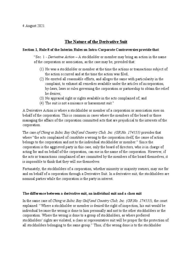 The Nature of The Derivative Suit | PDF | Corporations | Lawsuit