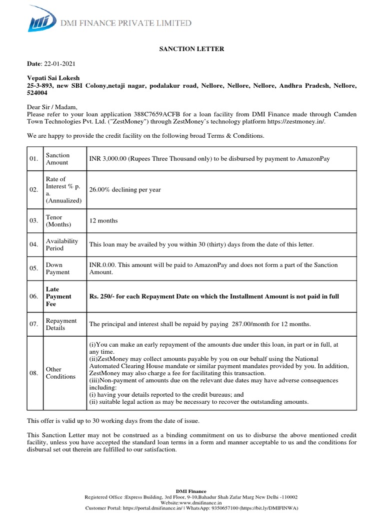 Sanction Letter | PDF | Loans | Credit
