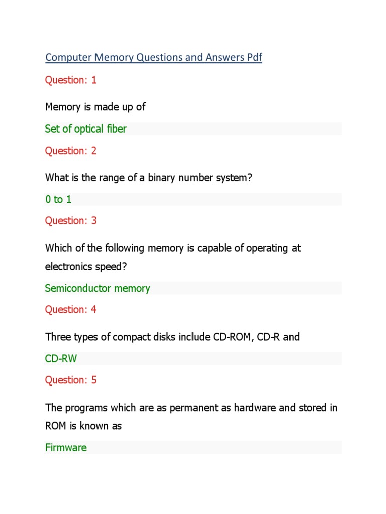 Computer Memory Questions and Answers PDF: Set of Optical Fiber | PDF