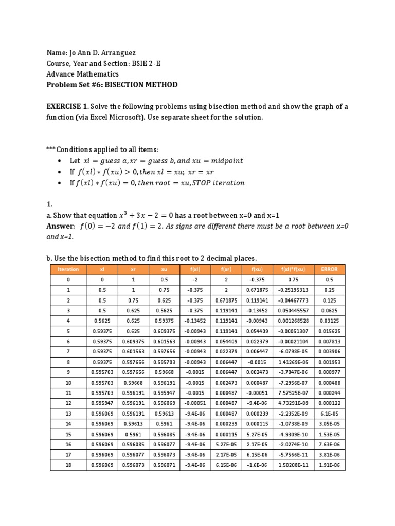 Problem Set #6: BISECTION METHOD EXERCISE 1. Solve The Following ...