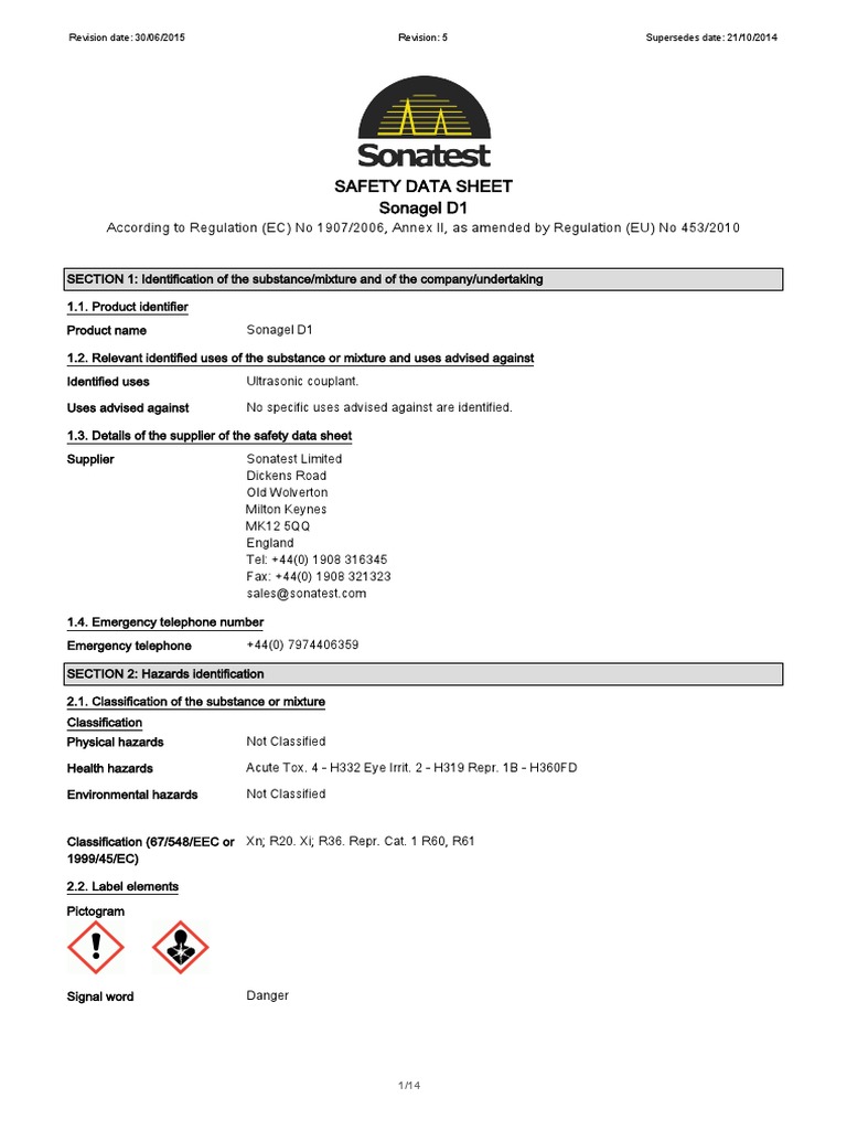 Safety Data Sheet Sonagel D1 | PDF | Dangerous Goods | Personal ...