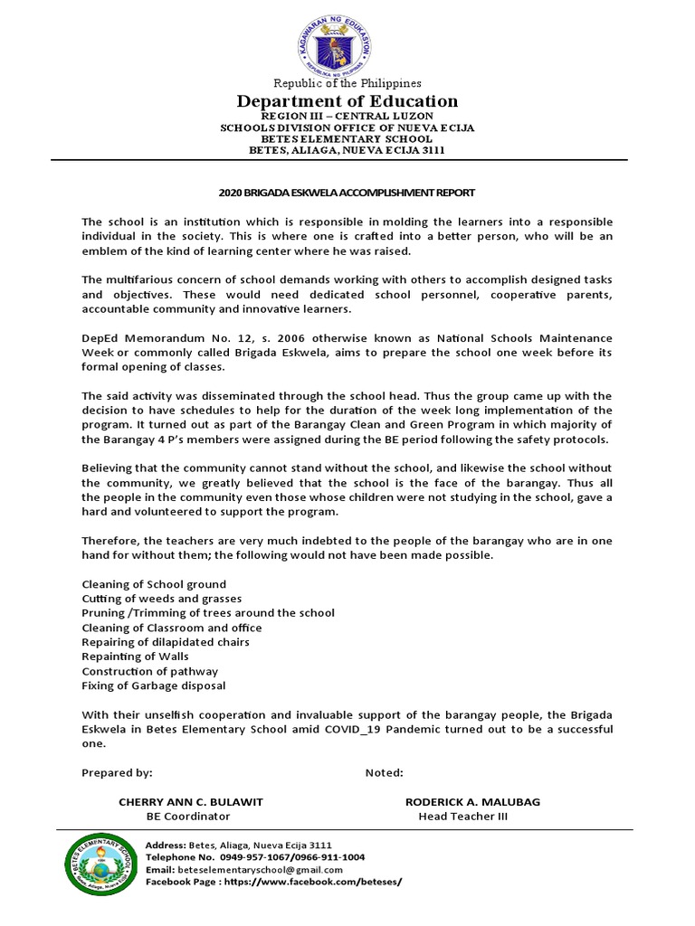 Accomplishment Report Brigada Eskwela | PDF