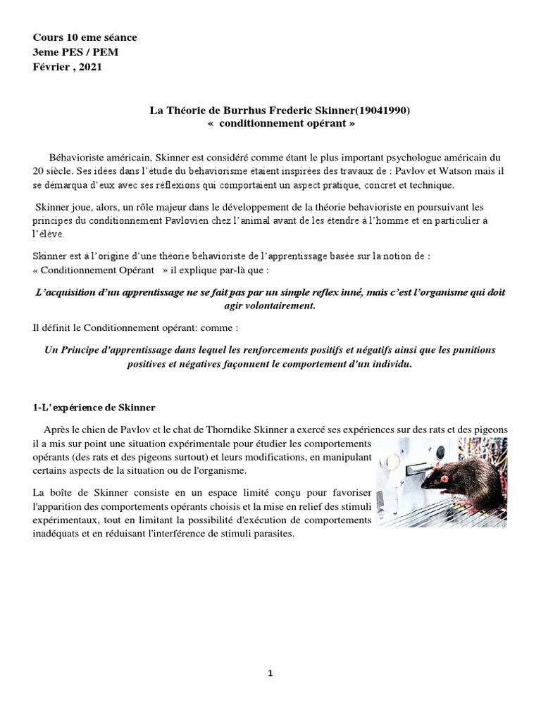 Théorie du conditionnement opérant de Skinner | PDF | Béhaviorisme ...
