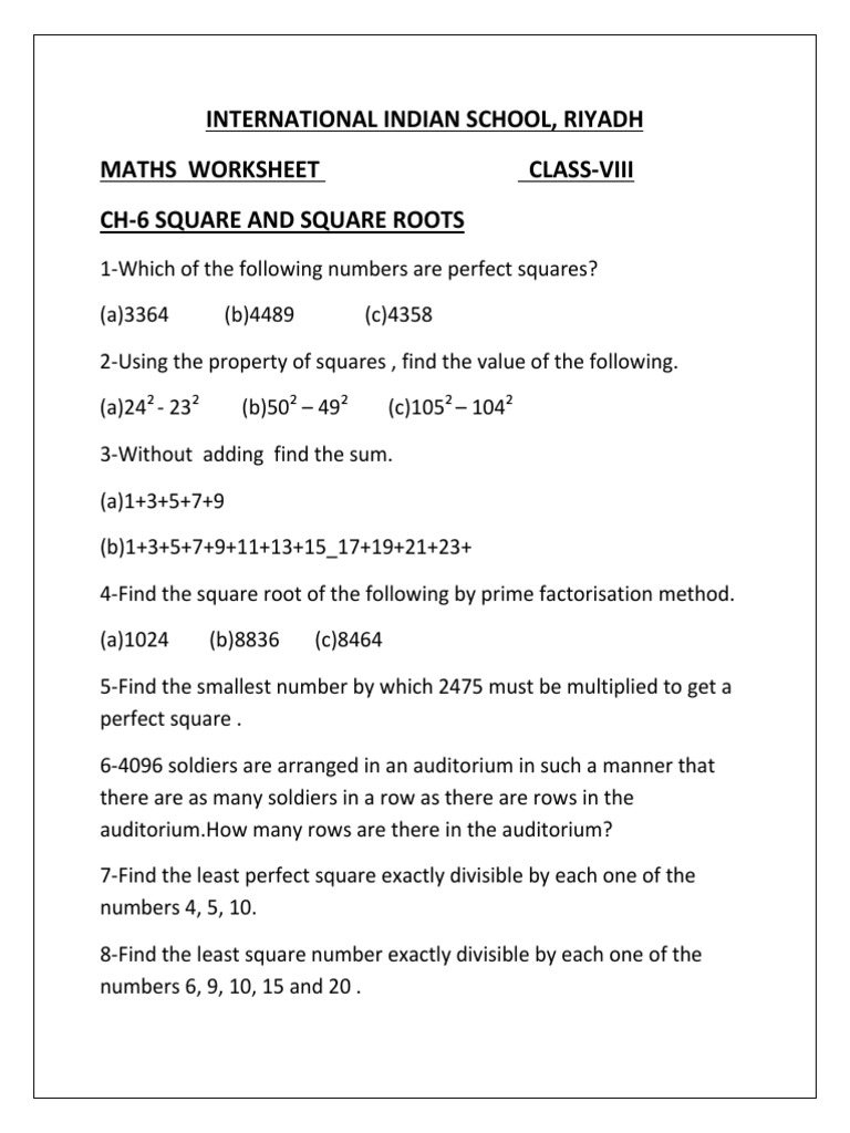 CBSE Class 8 Mathematics Worksheet - Square and Square Roots | PDF