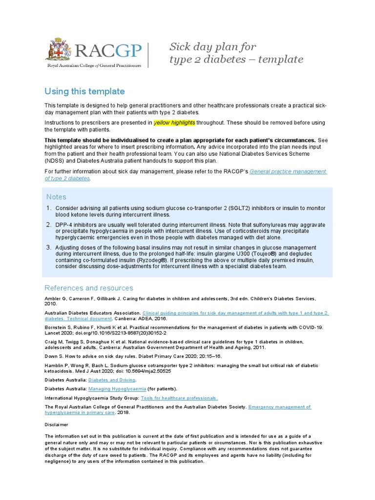 Sick Day Plan For Type 2 Diabetes - Template | PDF | Hypoglycemia | Insulin
