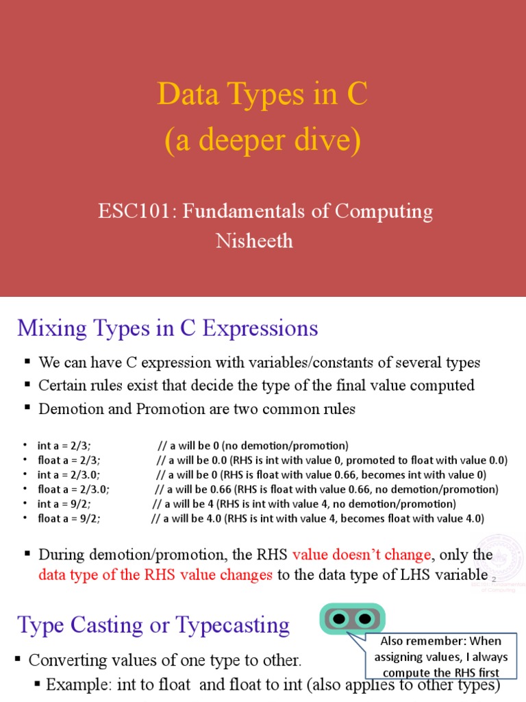 Data Types in C (A Deeper Dive) : ESC101: Fundamentals of Computing Nisheeth | Download Free PDF ...