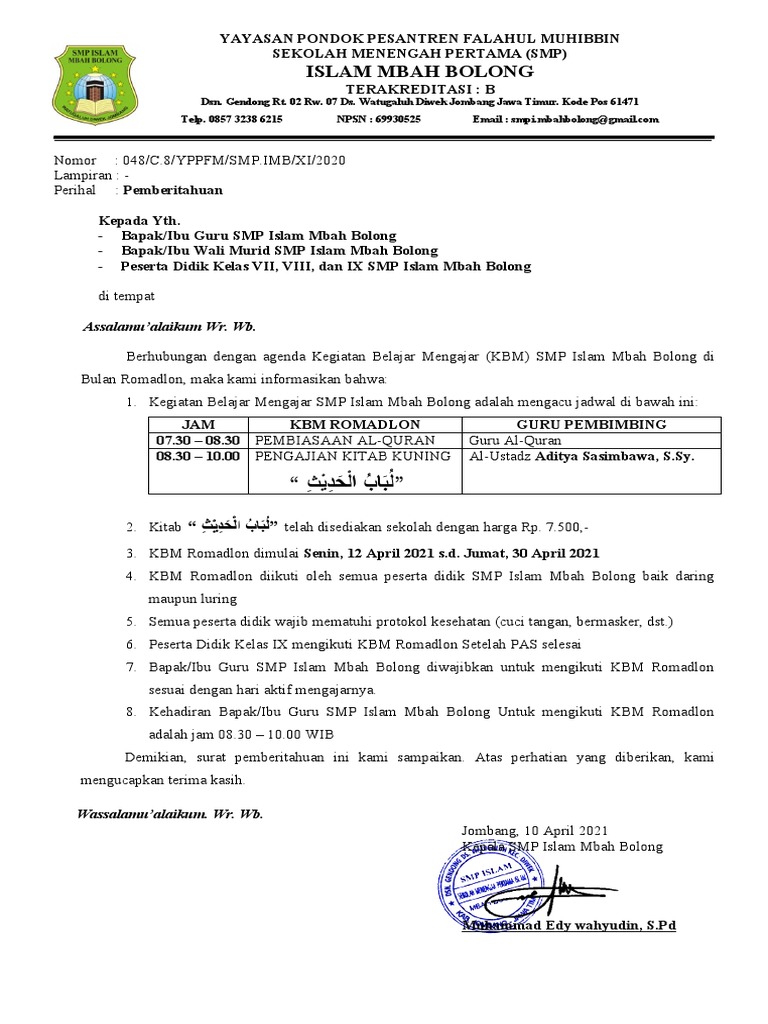 Surat Pemberitahuan KBM Romadlon | PDF