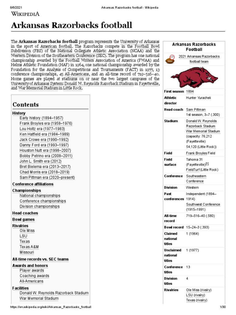 Arkansas Razorbacks Football - Wikipedia | PDF | Former Southwest ...