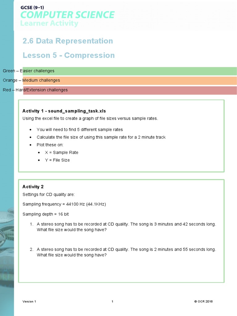 26 Data Representation Lesson 5 Compression Activity 1 Sound Sampling Task Pdf 