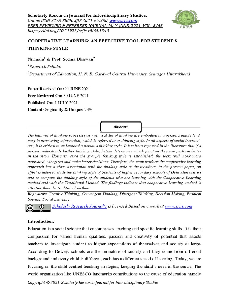 Cooperative Learning: An Effective Tool For Student's Thinking Style ...