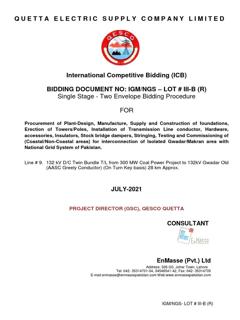 Single Stage - Two Envelope Bidding Procedure FOR: Quetta Electric Supply Company Limited | PDF ...