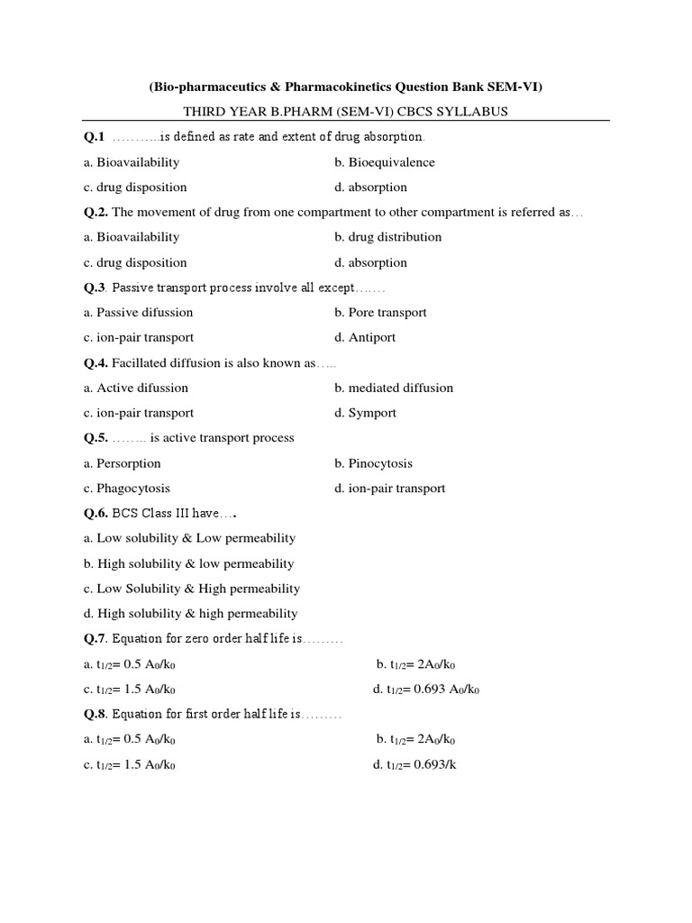Biopharmaceutics Question Bank | PDF | Pharmacokinetics | Bioavailability