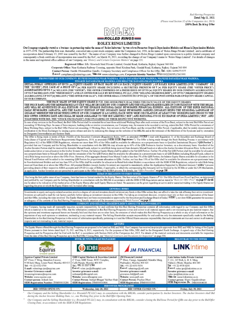 Rolex Rings IPO Red Herring Prospectus | PDF | Stocks | Initial Public ...