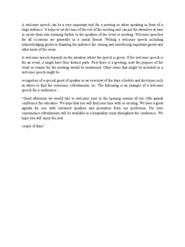 Welcome Speech Short Notes | PDF