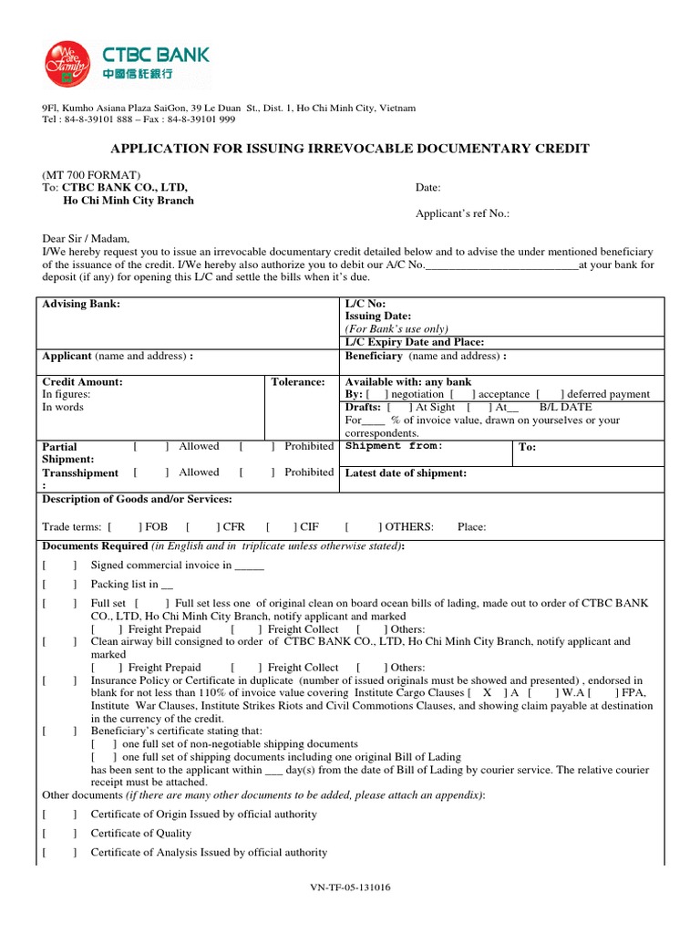 Application For Issuing Irrevocable Documentary Credit | PDF | Bill Of ...