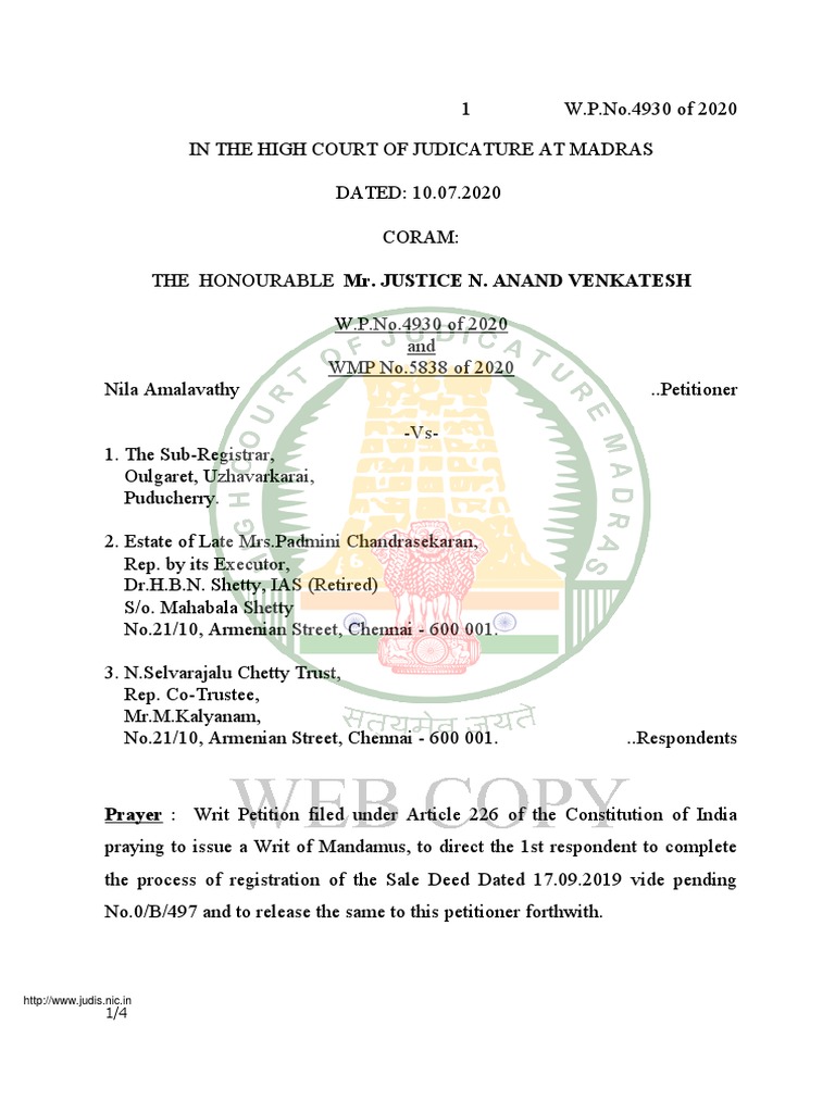 Prayer: Writ Petition Filed Under Article 226 of The Constitution of India | PDF | Common Law ...