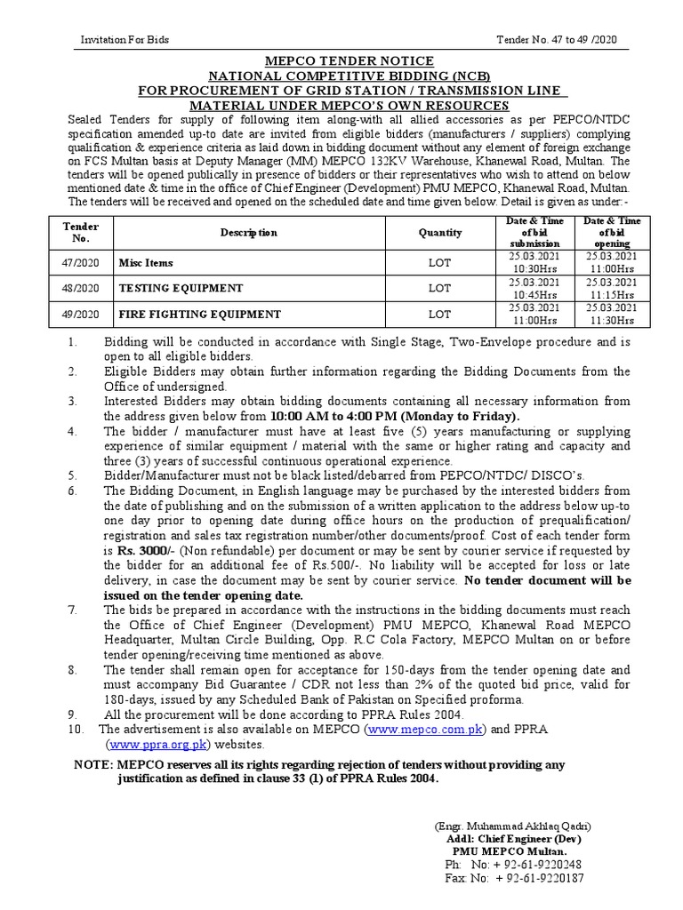 Mepco Tender Notice National Competitive Bidding (NCB) For Procurement ...