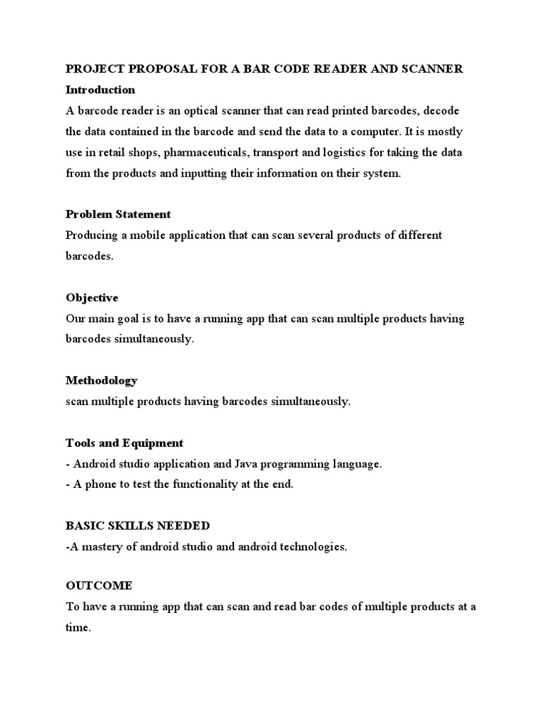 Project Proposal For A Bar Code Reader and Scanner | PDF