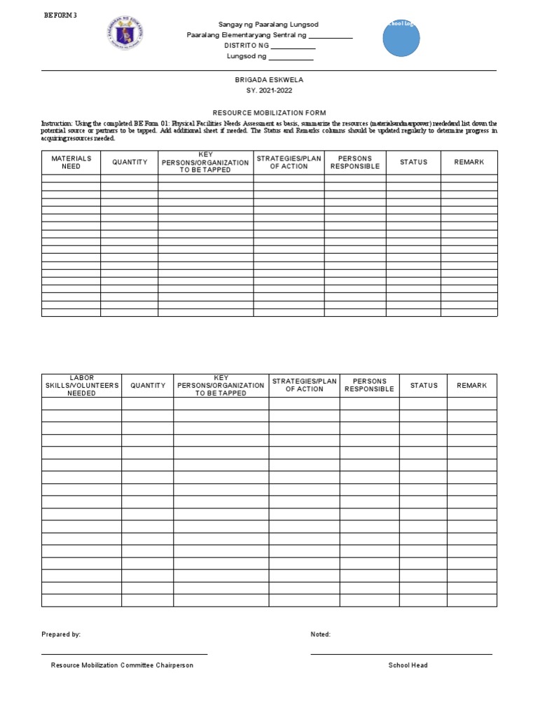 BS Form 3 Resource Mobilization | PDF