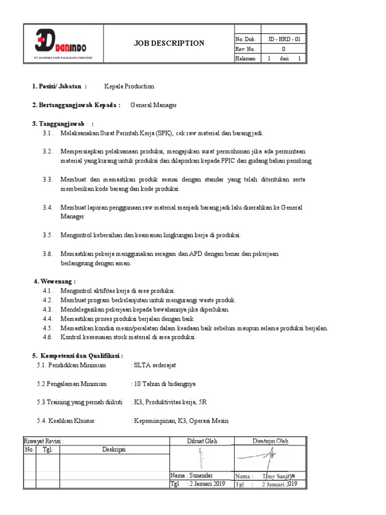 JD-HRD-01 Job Description Kepala Produksi | PDF