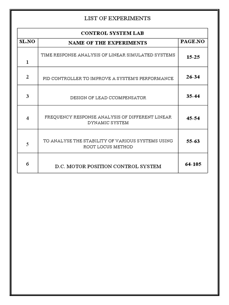 Control System Lab Experiments List | PDF | Control Theory | Damping