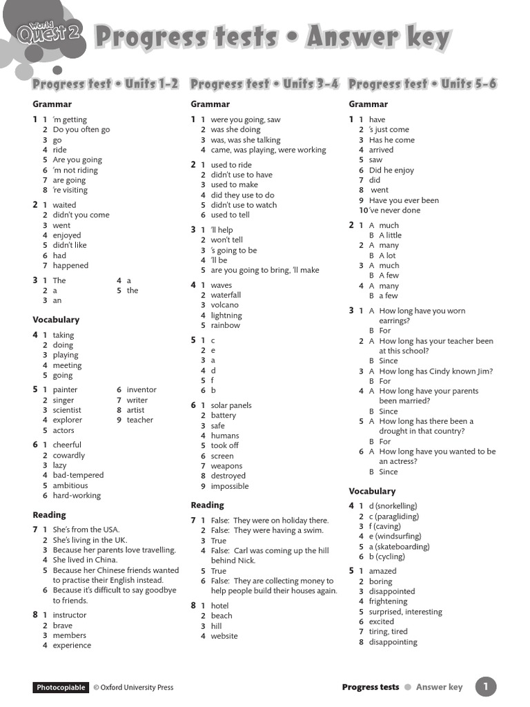Progress Tests - Answer Key: Progress Test - Units 3-4 Progress Test ...
