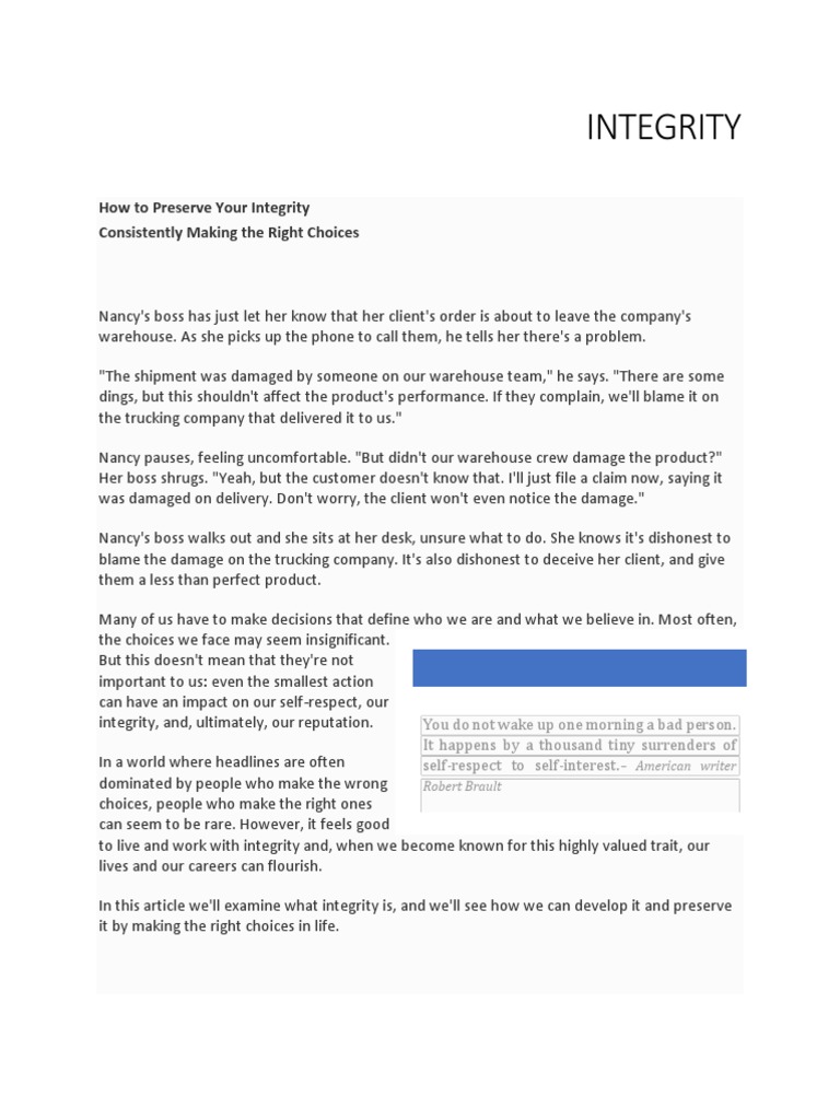Reading On Integrity | Download Free PDF | Integrity | Leadership