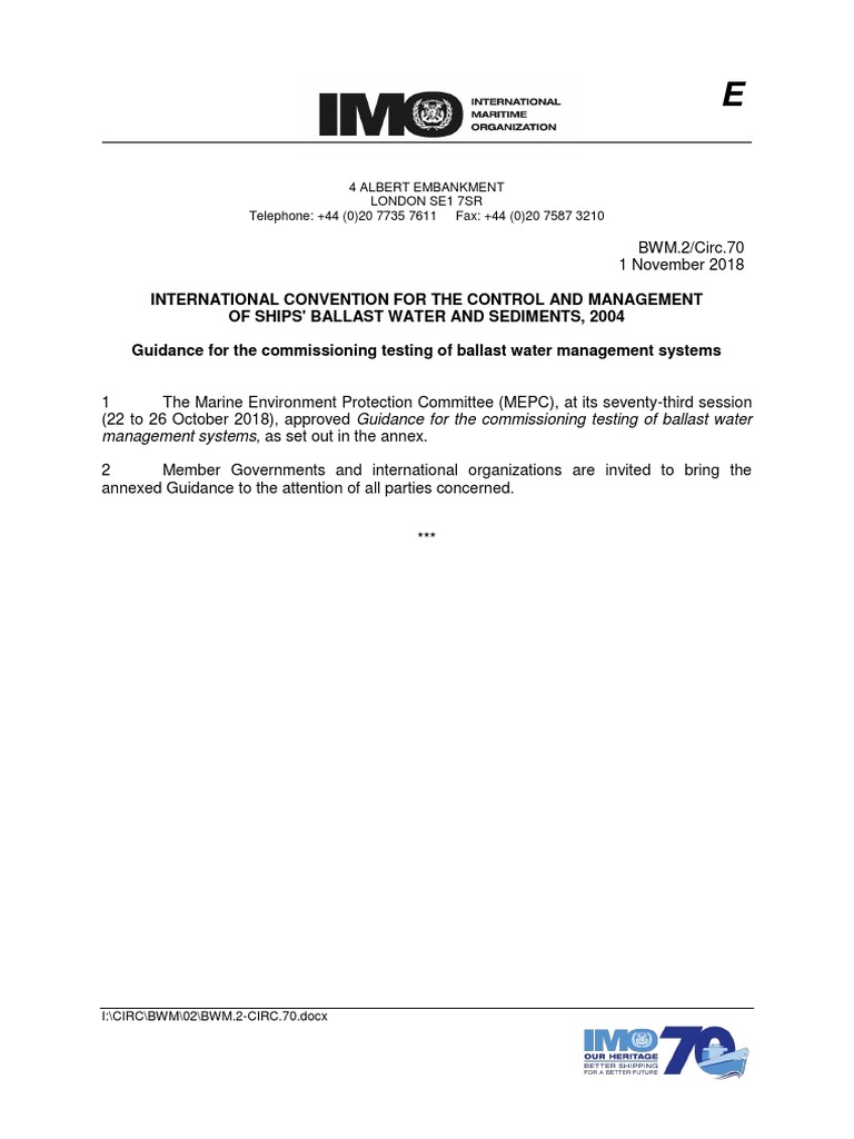 BWM.2-Circ.70 - Guidance For The Com Testing BWTS | PDF | Regulatory ...