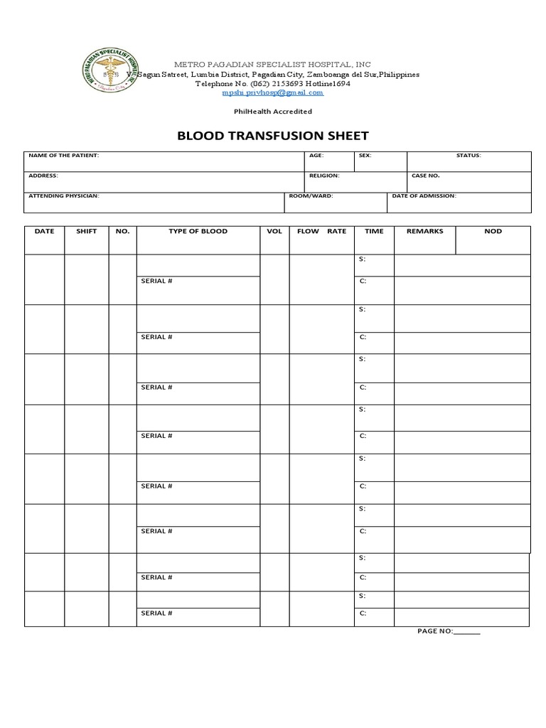 Blood Transfusion Sheet: Metro Pagadian Specialist Hospital, Inc | PDF ...