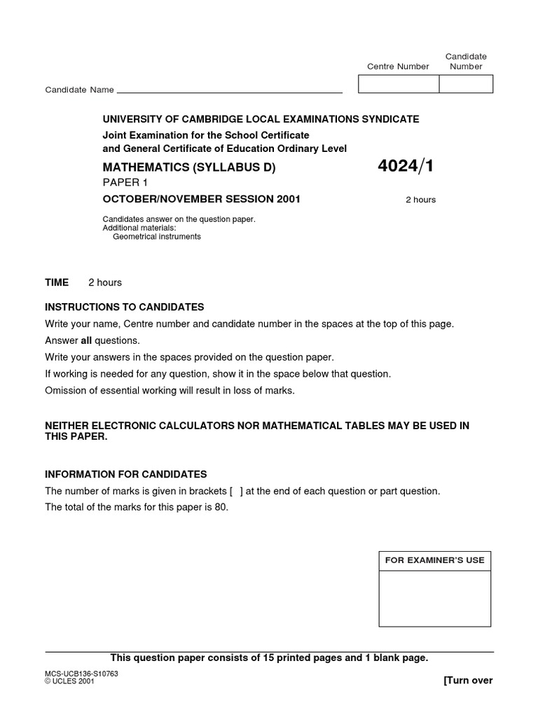Mathematics (Syllabus D) : Paper 1 | PDF | Mathematics | Geometry